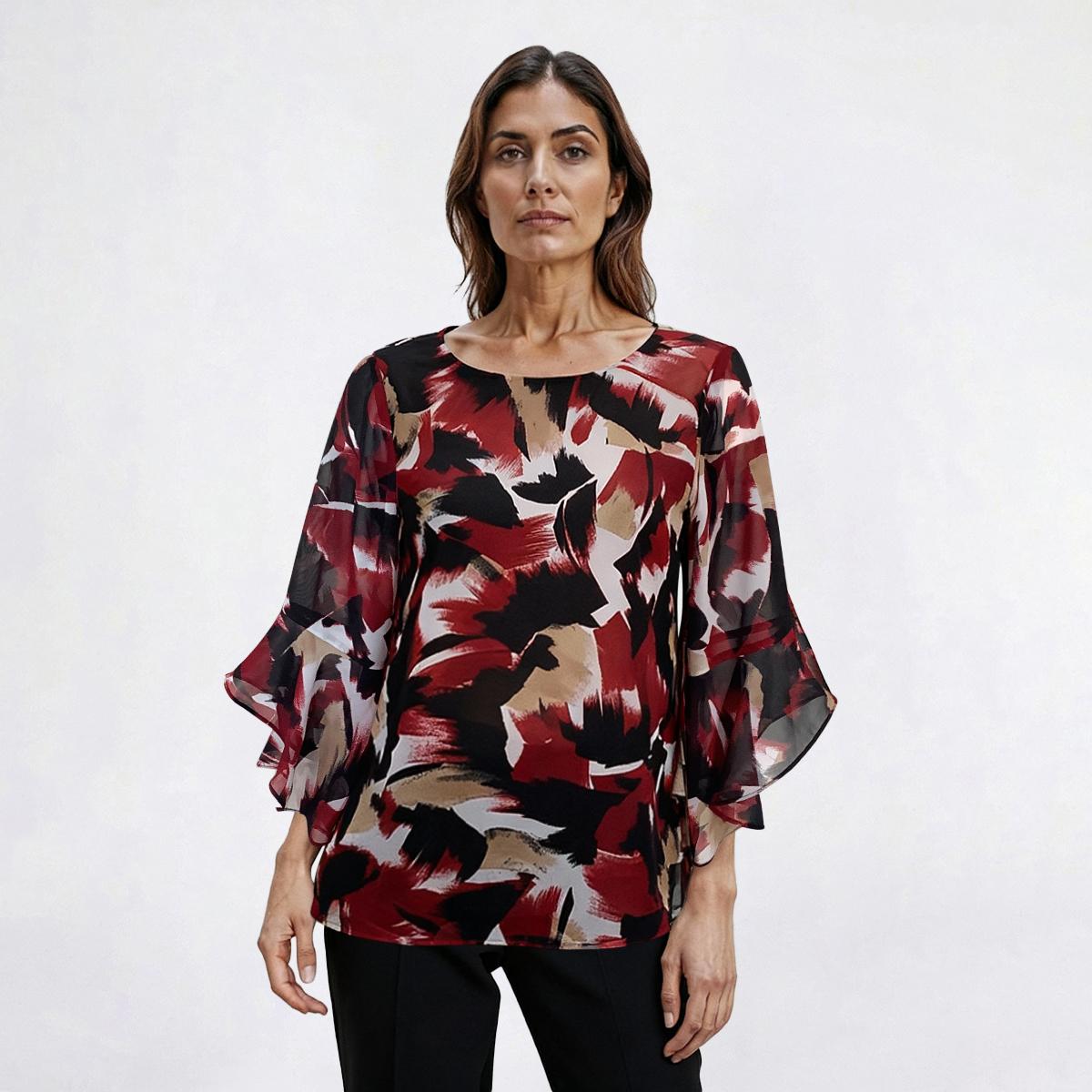 Womens Kasper 3/4 Ruffle Sleeve Smudge Blouse